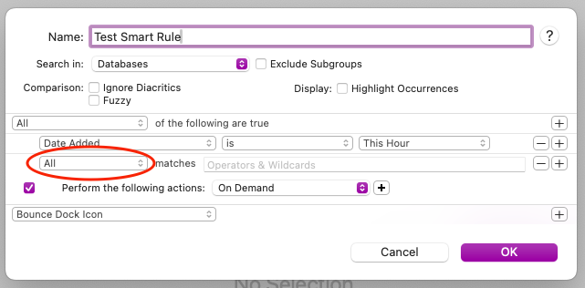 Smart Rule doesn't allow for "Any" criteria - Automation - DEVONtechnologies Community